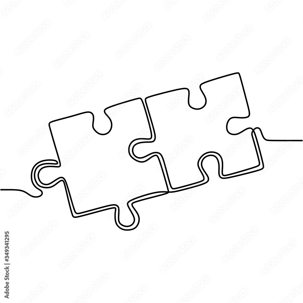Continuous one line drawing of two pieces of jigsaw on white background ...