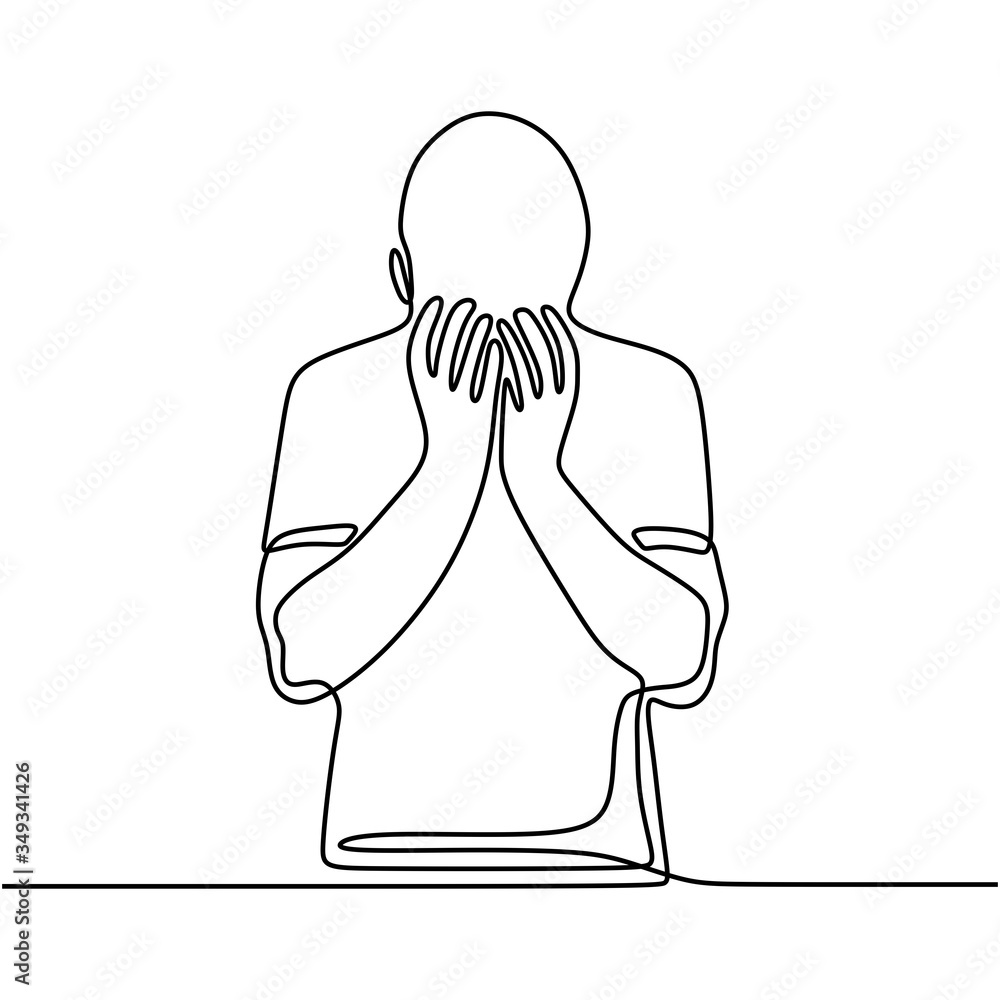 Continuous line drawing of exhausted sad young man covering his face by ...