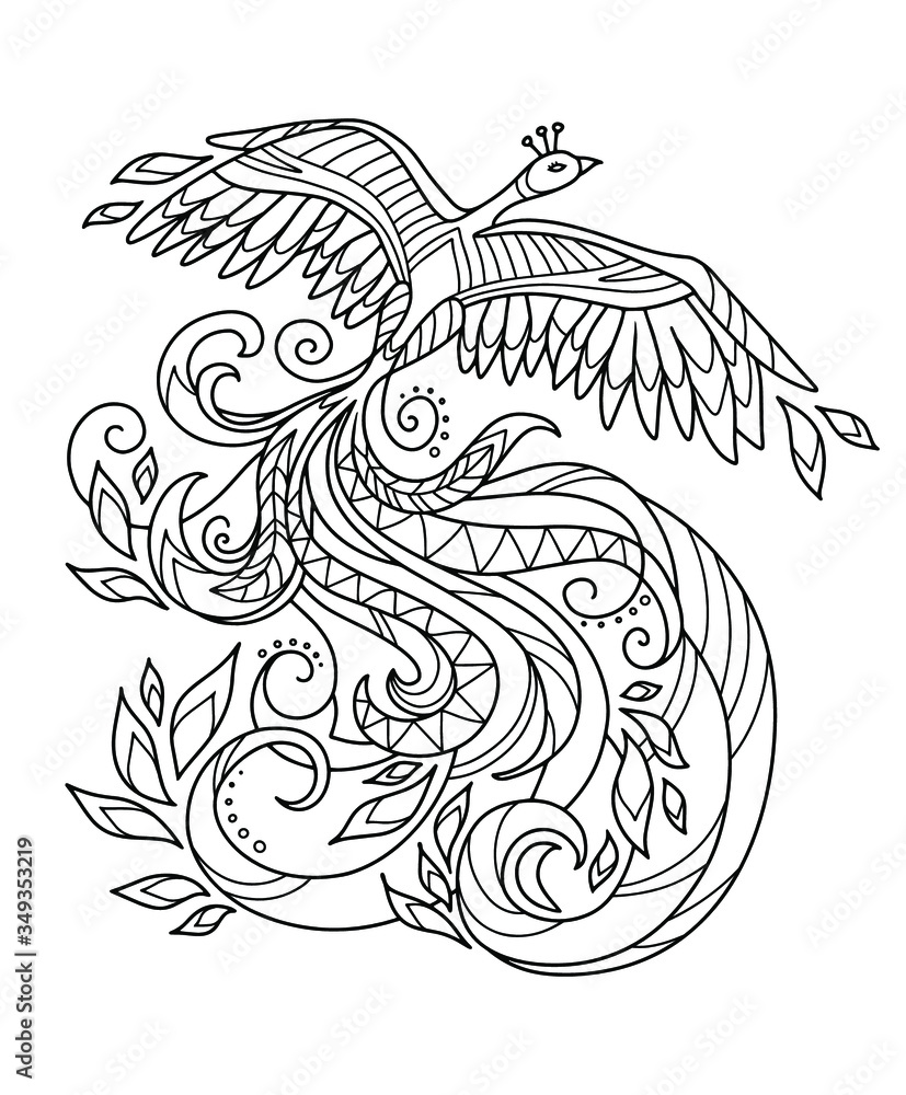 Mythical bird Phoenix (Fire bird). Page of coloring book. Vector ...