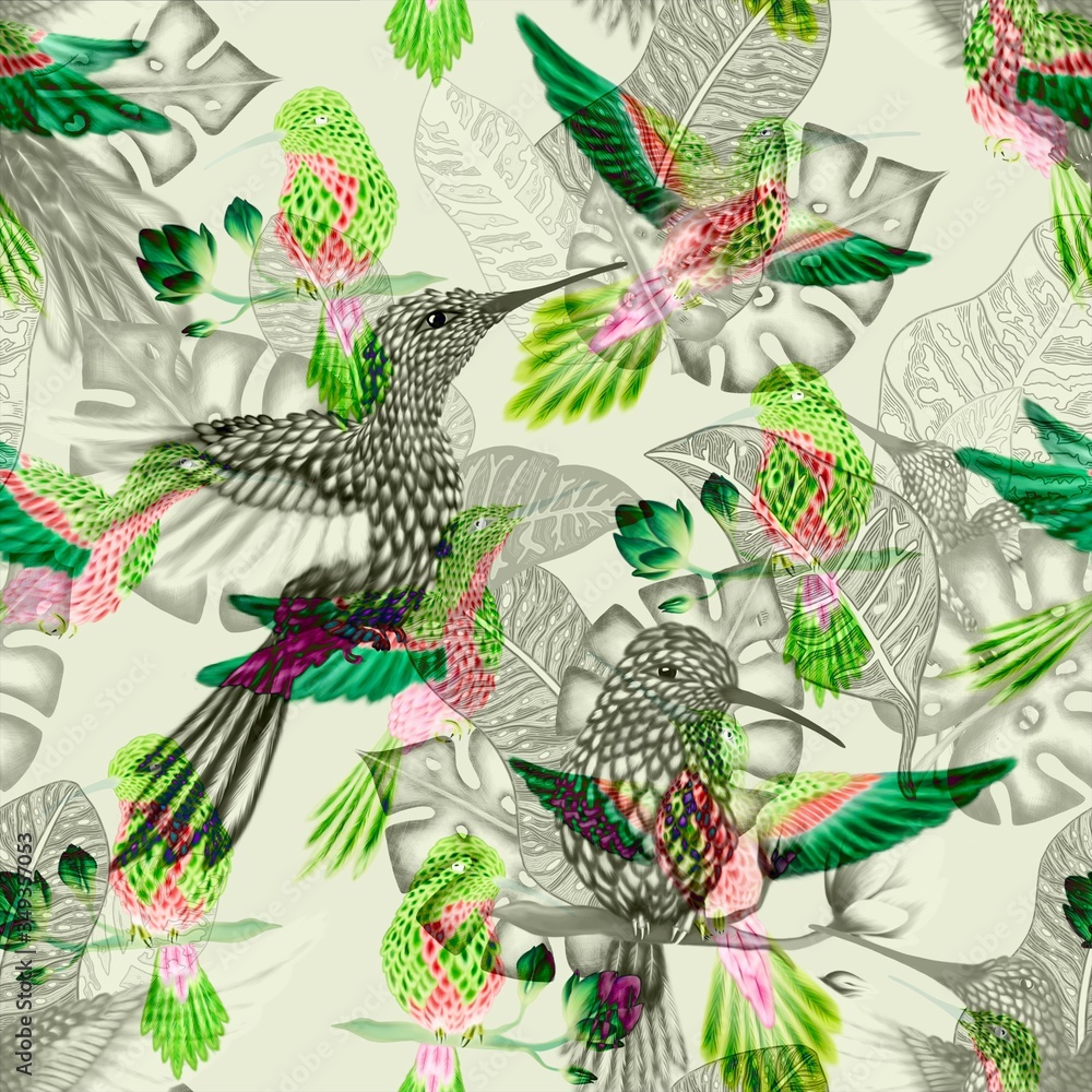 Seamless pattern in the chinoiserie style with hummingbird and leaves ...