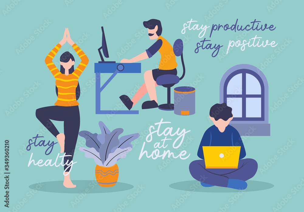 Stay at home activity flat cartoon set vector illustration. Daily ...
