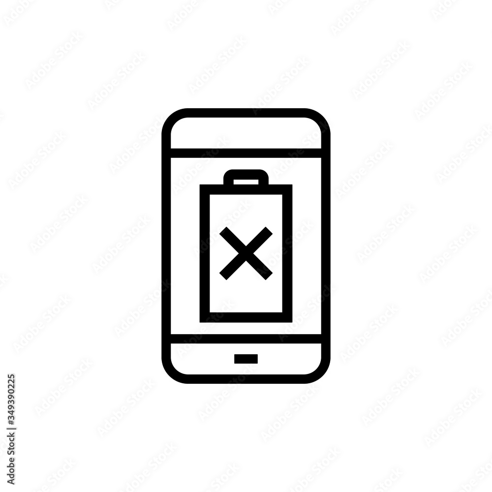 Damaged phone battery icon in outline style on white background ...