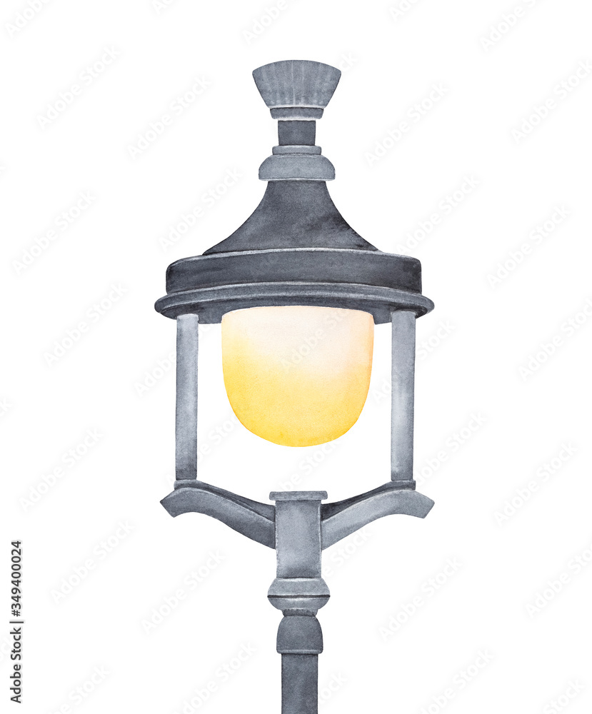 Water color drawing of black vintage street lamp with big round bulb ...