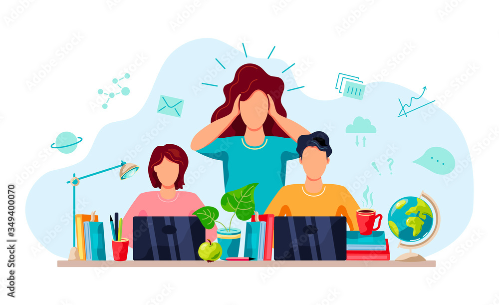 Home learning, home schooling concept. Mother is tired to help students ...