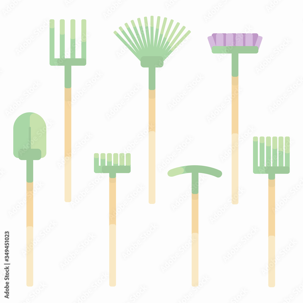 Set of garden tools on a white background: shovel, pitchfork, rake, fan ...