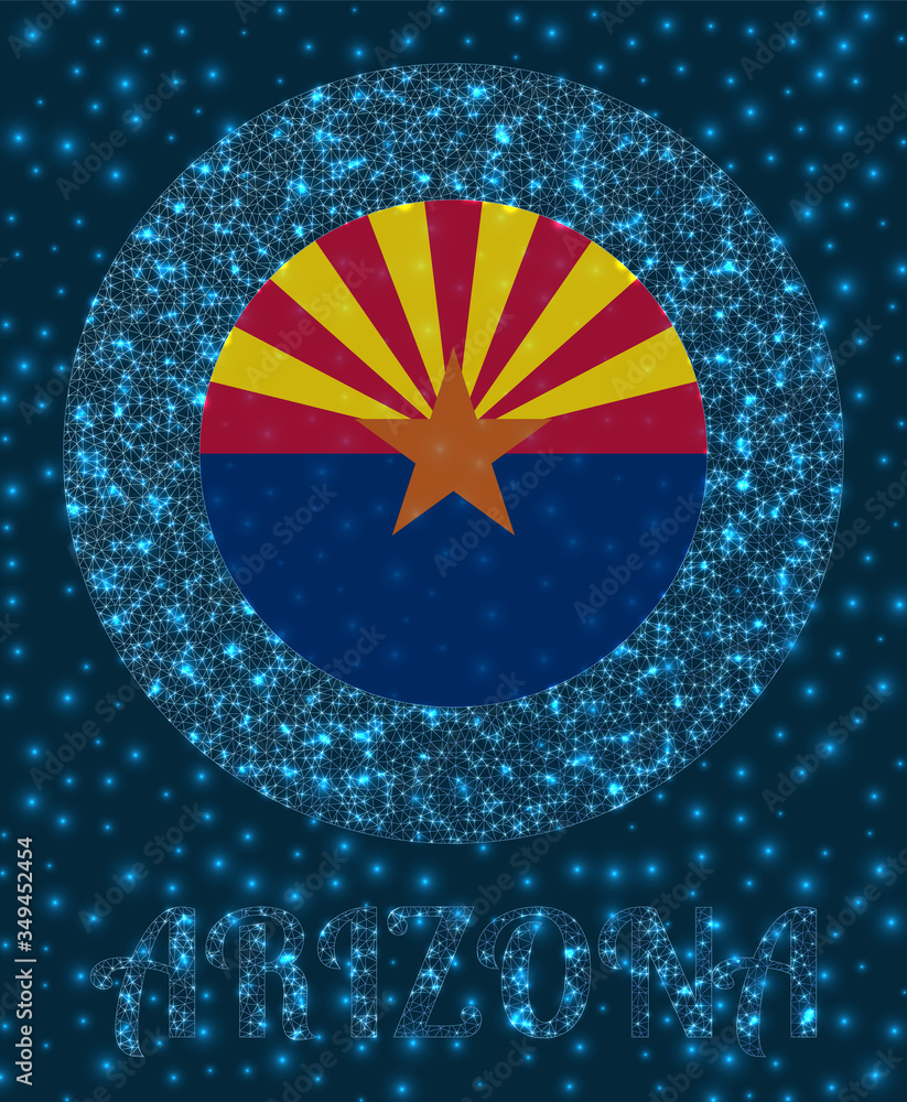 Round Arizona badge. Flag of Arizona in glowing network mesh style. Us ...