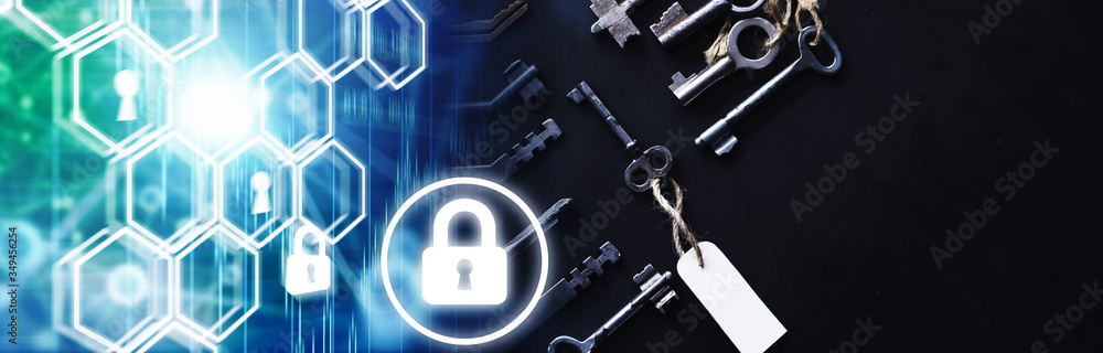 Set of vintage keys for a lock. Retro keys on a dark stone background ...