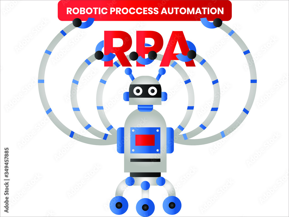 Robotic Process Automation vector concept: Robot with six arms holding ...
