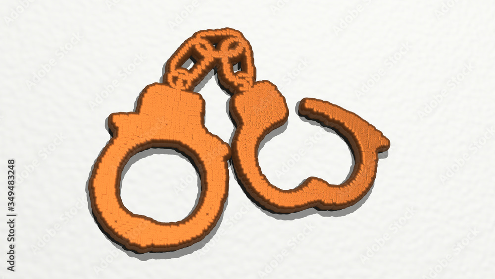 HANDCUFF MADE OF WORDS on the wall. 3D illustration of metallic ...