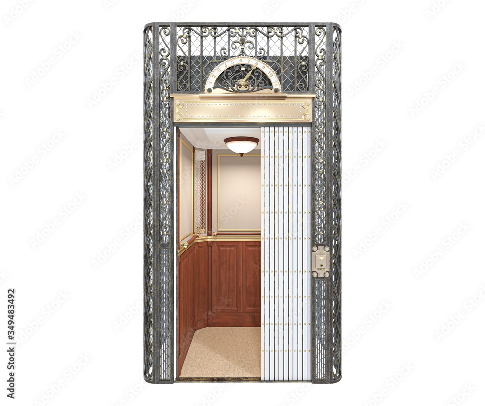 Beautiful retro elevator. Elevator with open slatted door. Retro elevator. Elevator with open ...