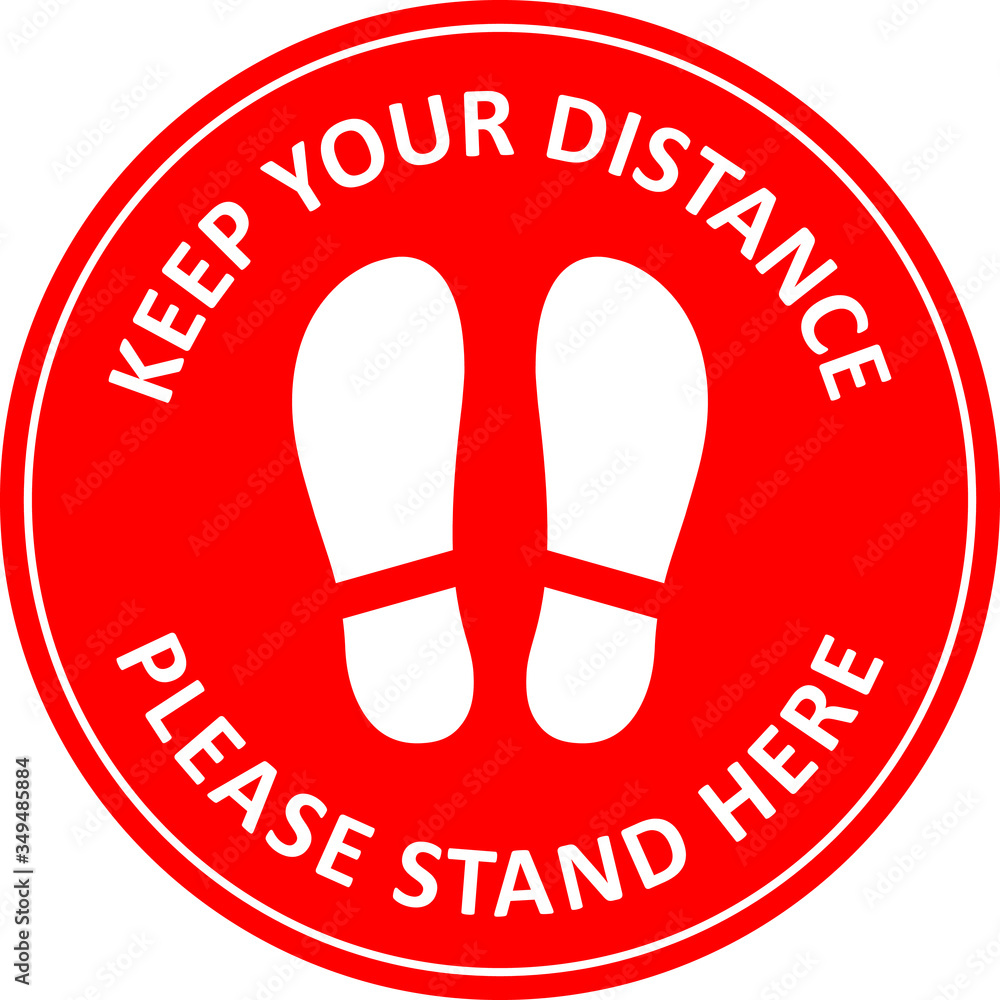 Social distancing concept. Vector of footprint sign red color with text ...