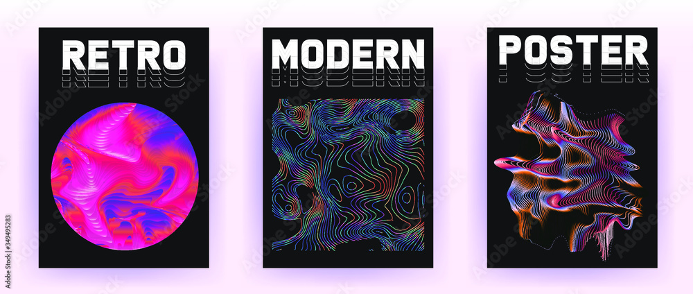 Set of retrofuturistic posters with holographic chromatic shapes in ...