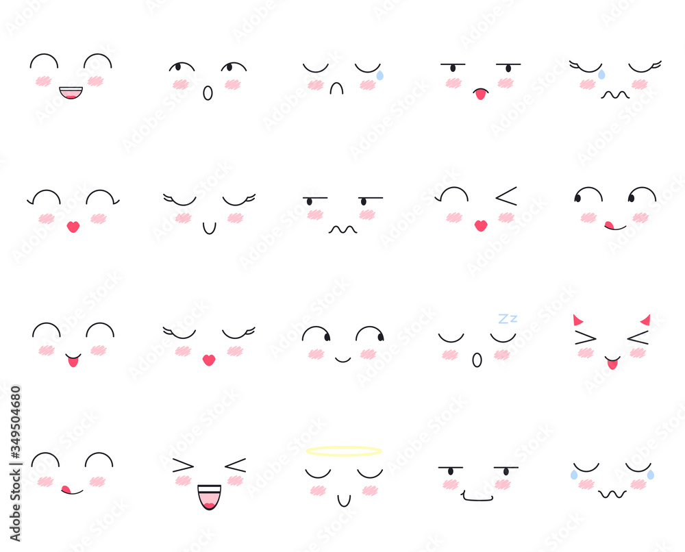 Set of 20 cute faces kawaii emoticons icon vector set. Characters and ...