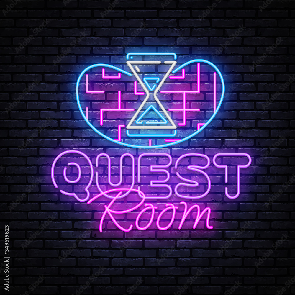 Quest Room neon sign vector design template. Escape room neon light ...