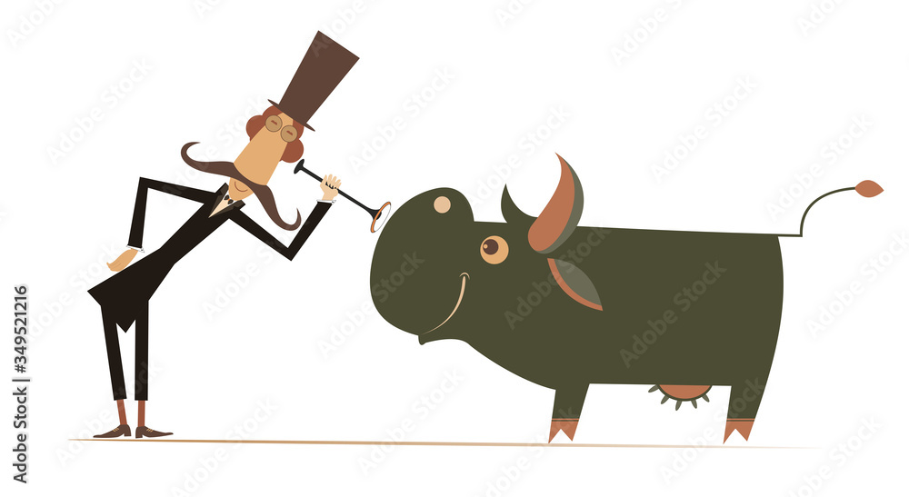 Veterinarian and cow illustration. Funny long mustache man in the top ...