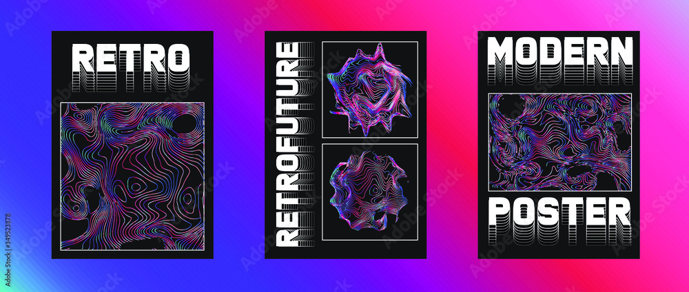 Set of retrofuturistic posters with holographic chromatic shapes in ...