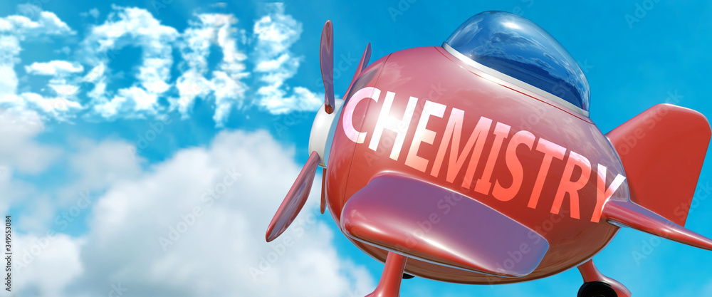 Chemistry helps achieve a goal - pictured as word Chemistry in clouds ...