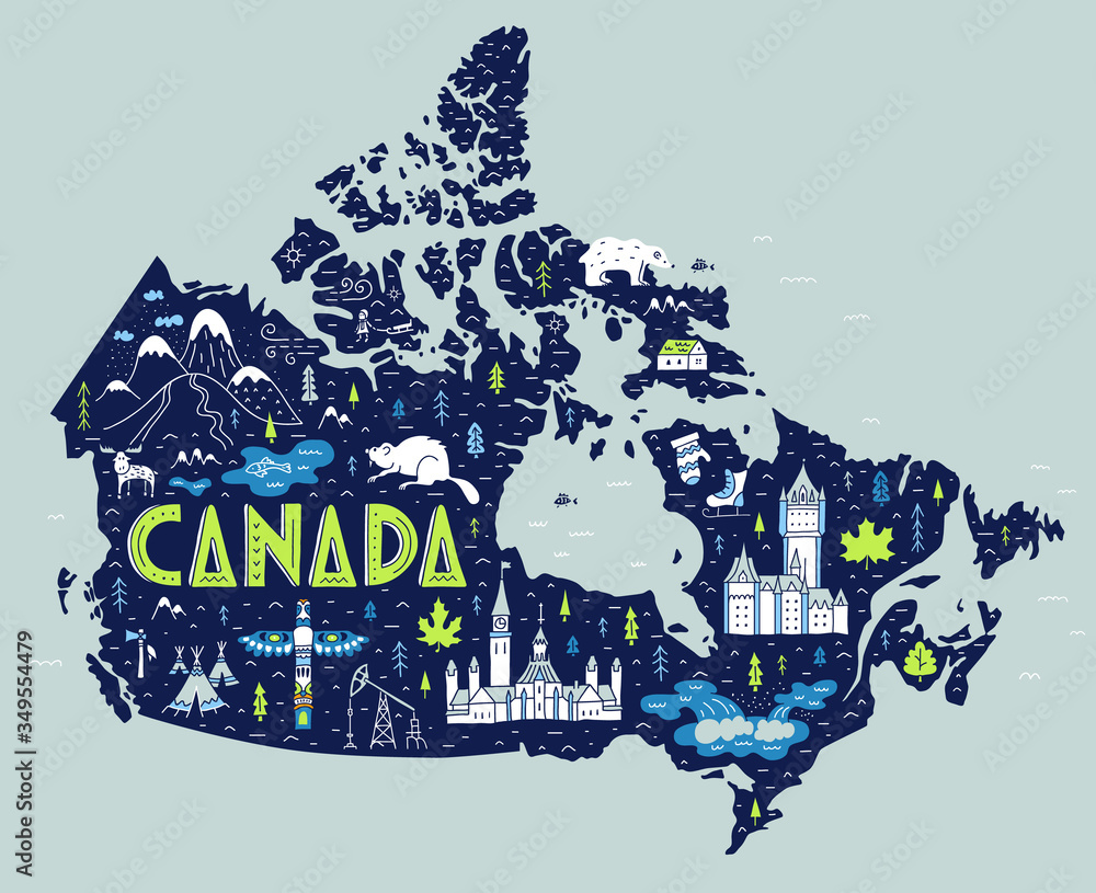 Canada cartoon map. Hand-drawn illustration with symbols, tourist ...