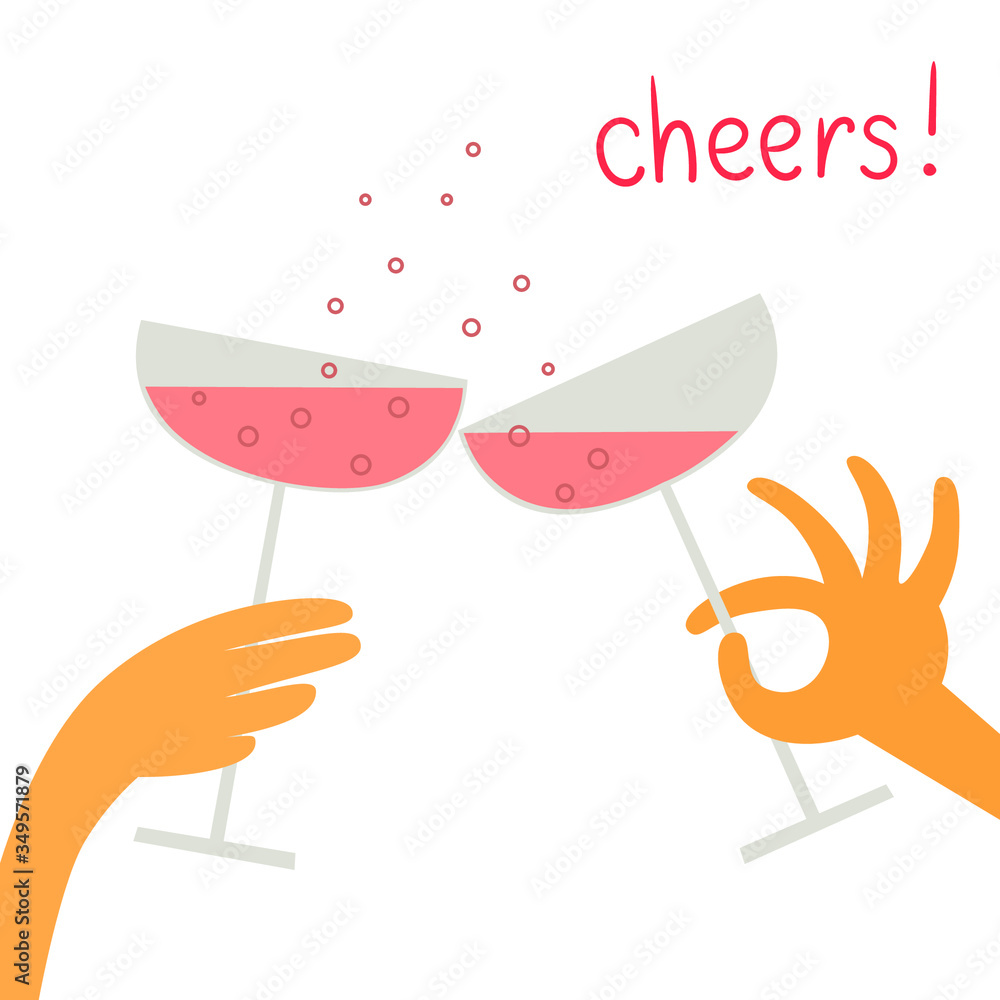 Cheers champagne banner. Wine glasses in people hands cheering at the ...