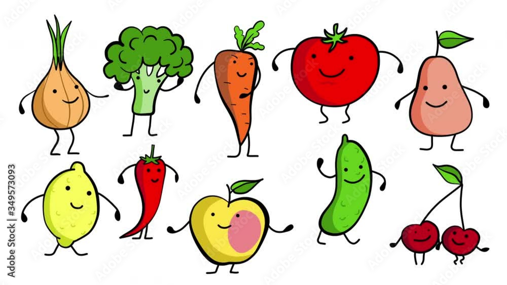 Cartoon animation set dancing fruits and vegetables isolated on white ...