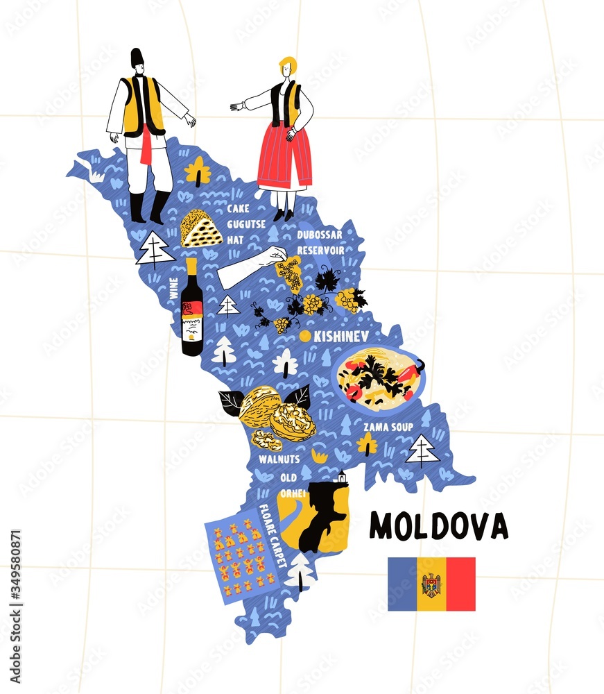 Moldova map flat hand drawn vector illustration flag. Names lettering ...