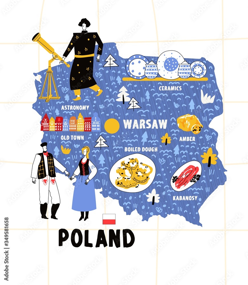 Poland map flat hand drawn vector illustration flag. Names lettering ...