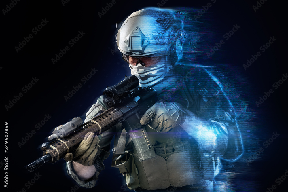 US marine corps soldier coming out from holographic projection on black ...