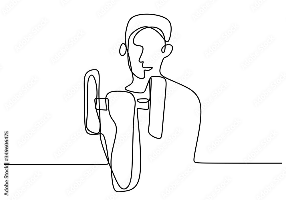 Man lifting weights continuous one line drawing. A strong athletic guy lifting weights and ...