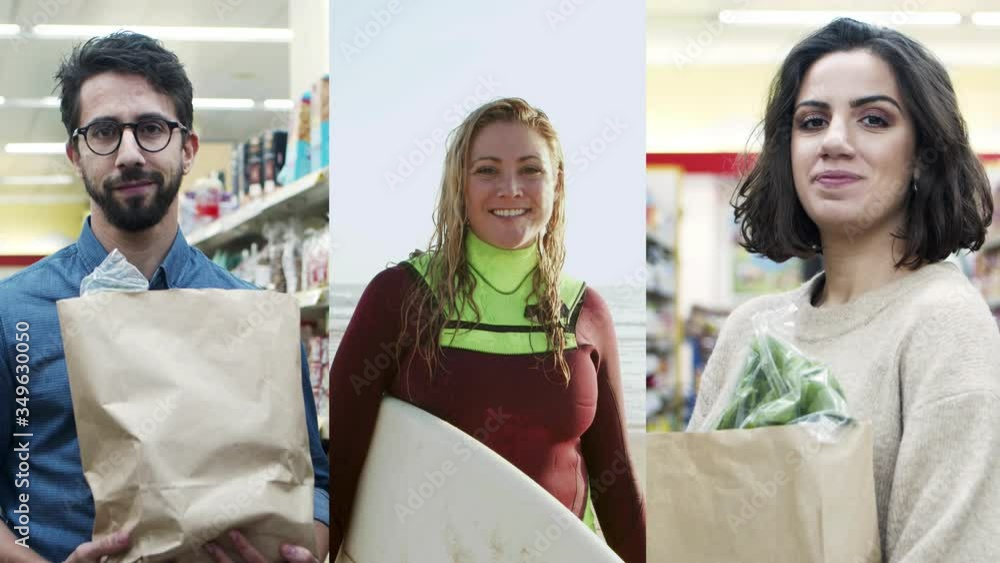 Happy customers with bags of food shopping in supermarket. Cheerful ...
