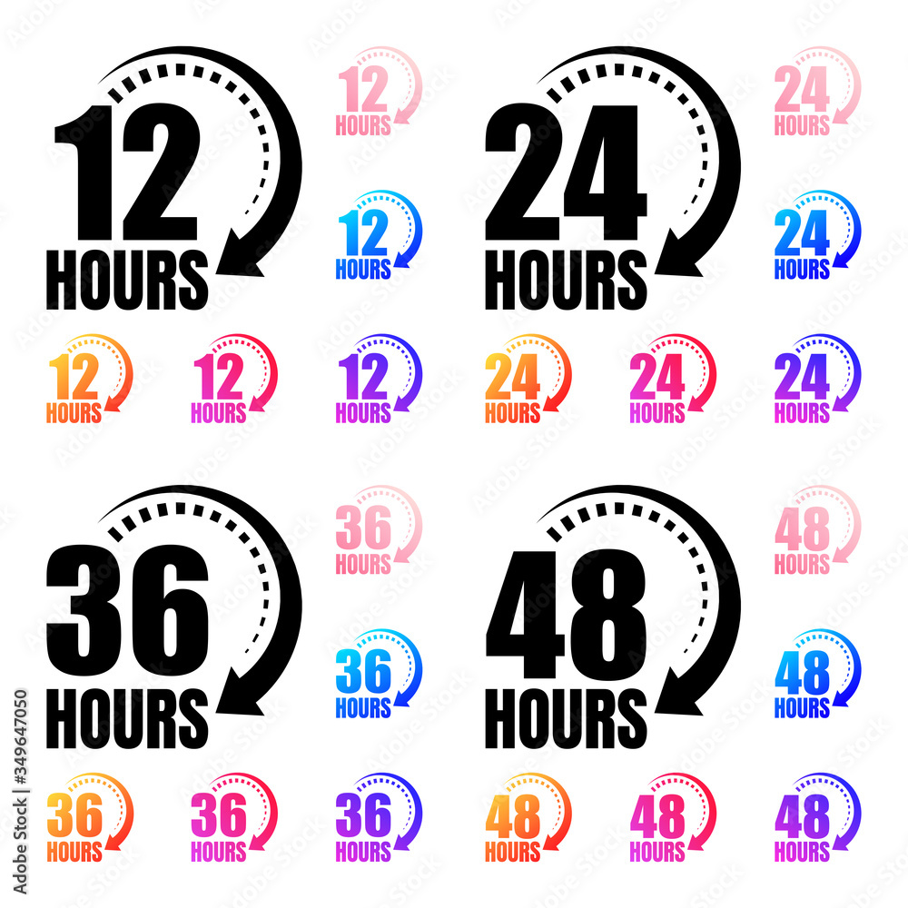 8, 12, 24, 48 and 72 hours clock arrow vector icons. Delivery service ...