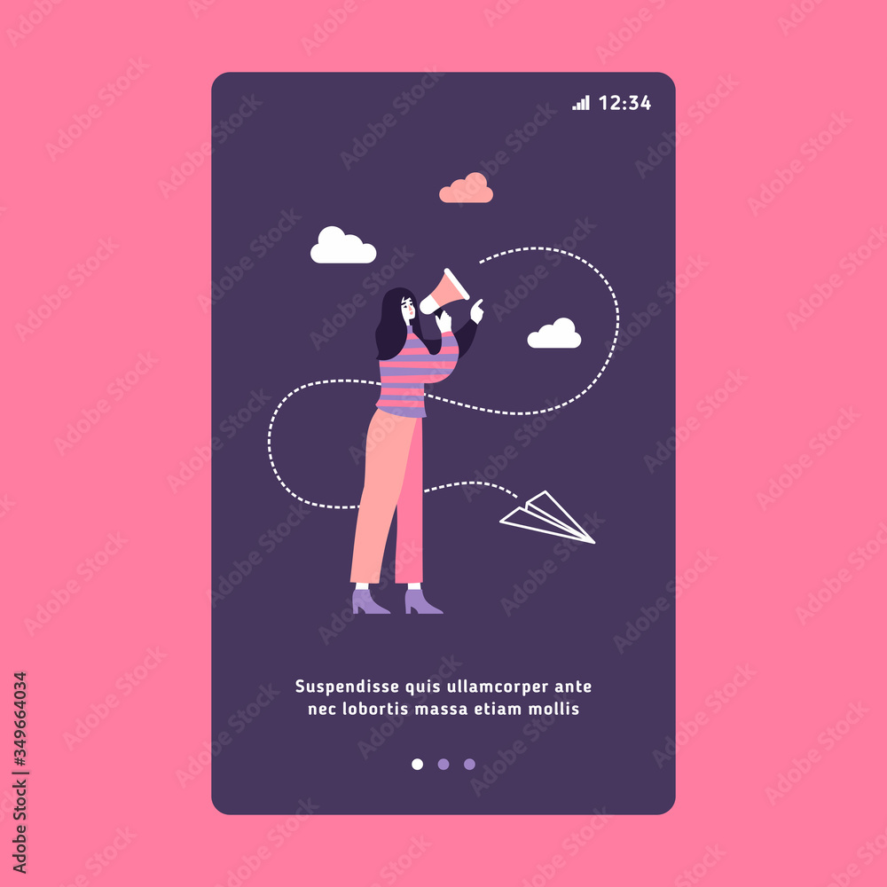 Business woman marketing announcement. Onboarding Screens User ...