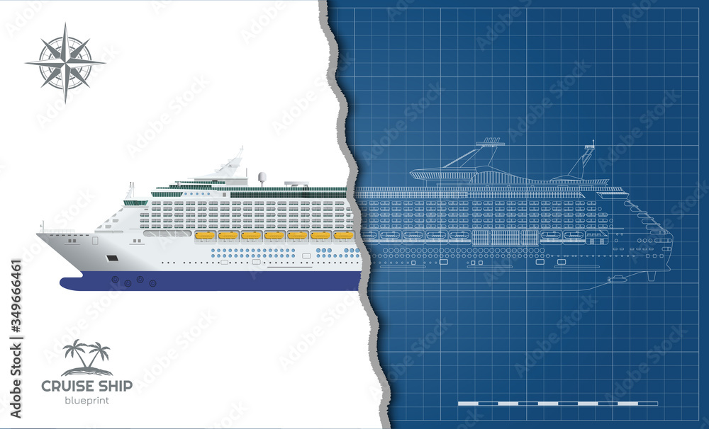 Isolated blueprint of cruise ship. Side view. Realistic 3d liner ...