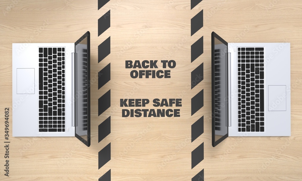 3d image of laptops in the office with safety zone between them, back ...