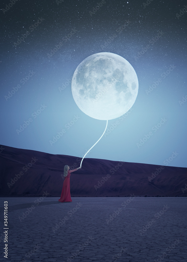 Night scene of a woman in red dress holding a glowing rope attached to ...