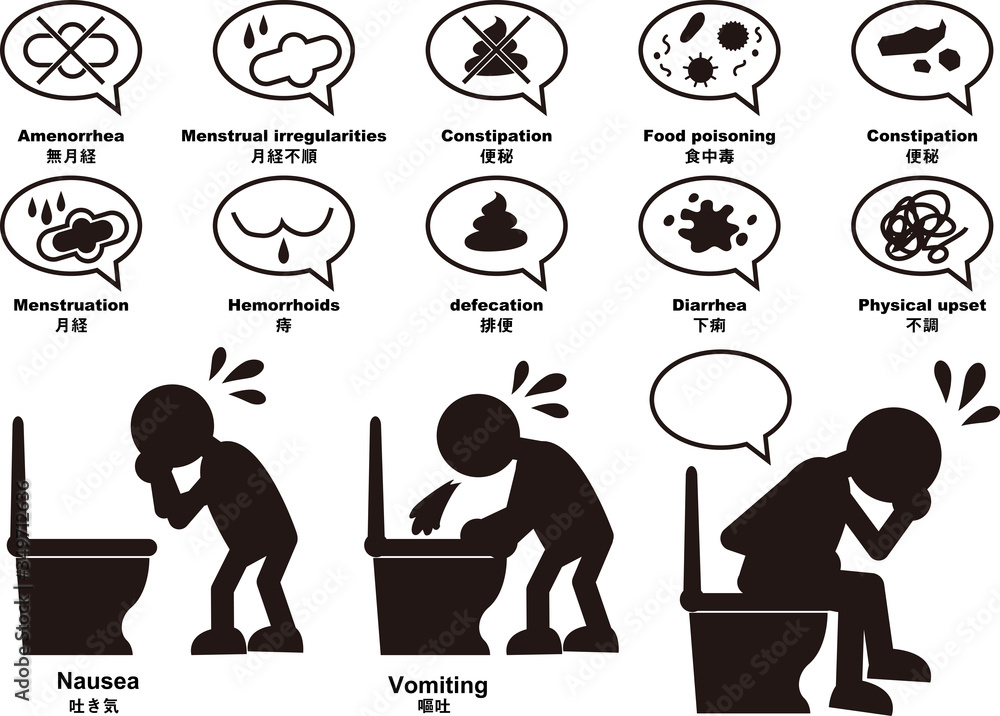 A set of cartoon silhouettes of troubles of menstruation and defecation ...