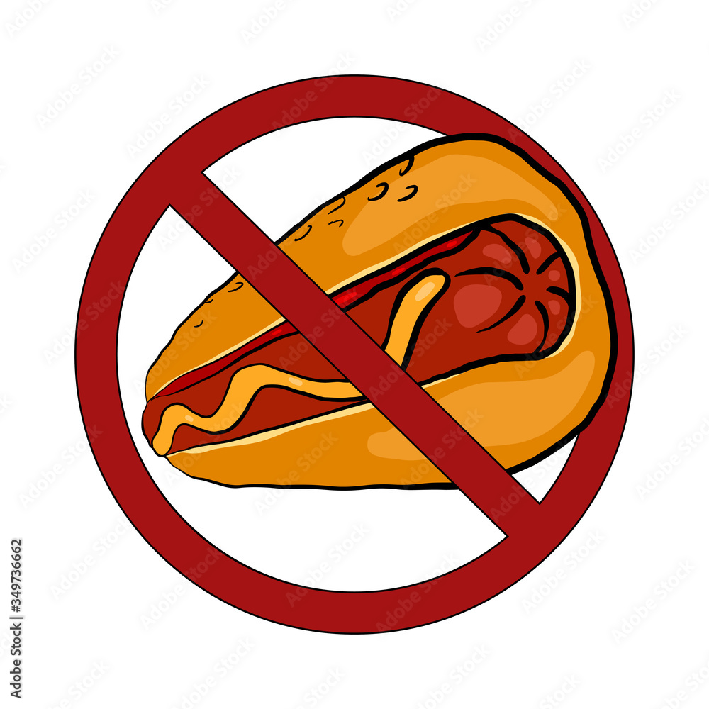 Hot dog sketch in a prohibition sign. Ban on junk food. Forbidden fast ...