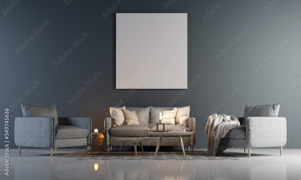 Modern cozy blue living room interior design and wall pattern ...