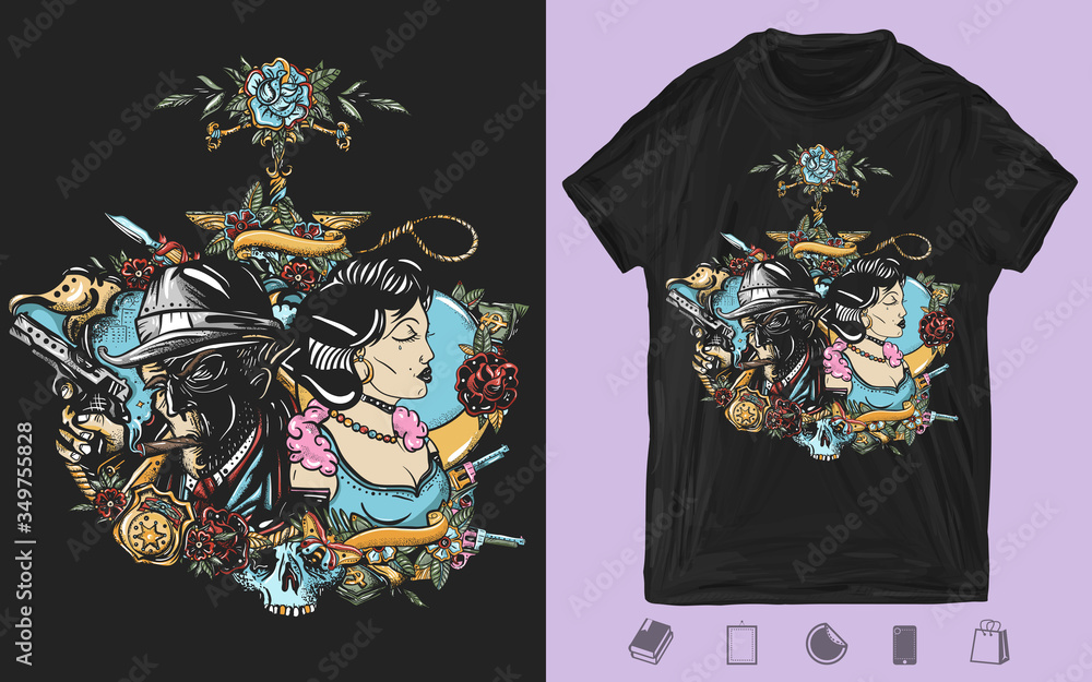 Noir detective and retro woman portrait. Dark crime art. Gangster and ...