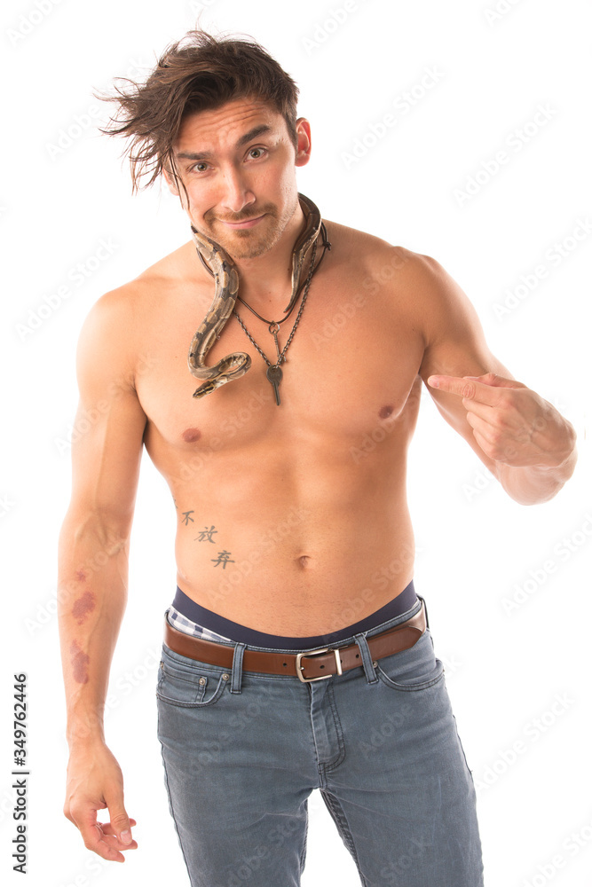 Portrait Of Shirtless Muscular Male Model With Snake On Neck Standing ...