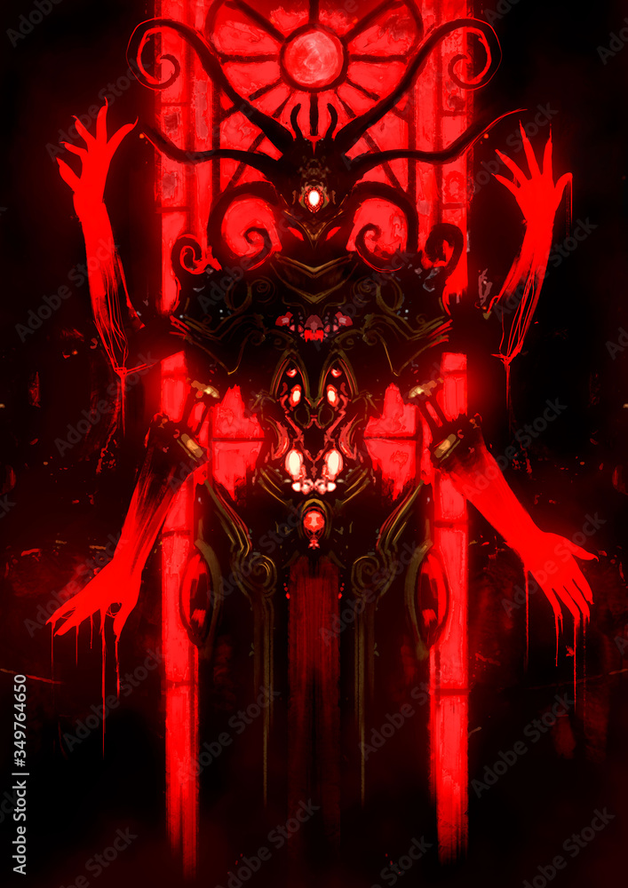 A mystic demon with many bloodied hands and horns engaged in a spiral ...