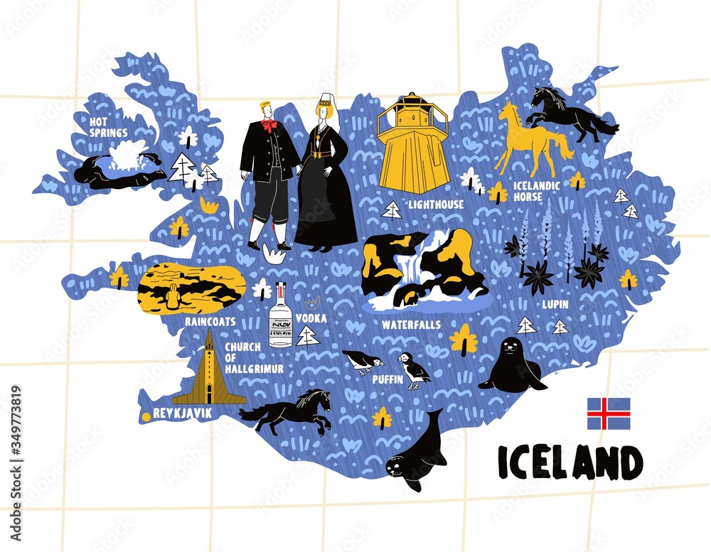 Iceland map flat hand drawn vector illustration flag. Names lettering ...