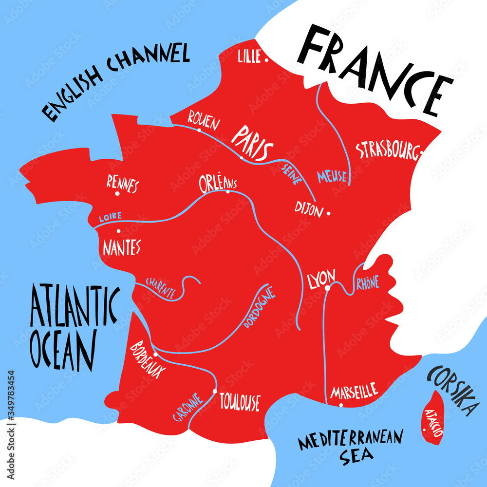 Vector hand drawn stylized map of France. Travel illustration with ...