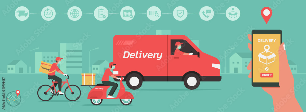 Delivery man on van and bike on the way to customer home. Hand using ...