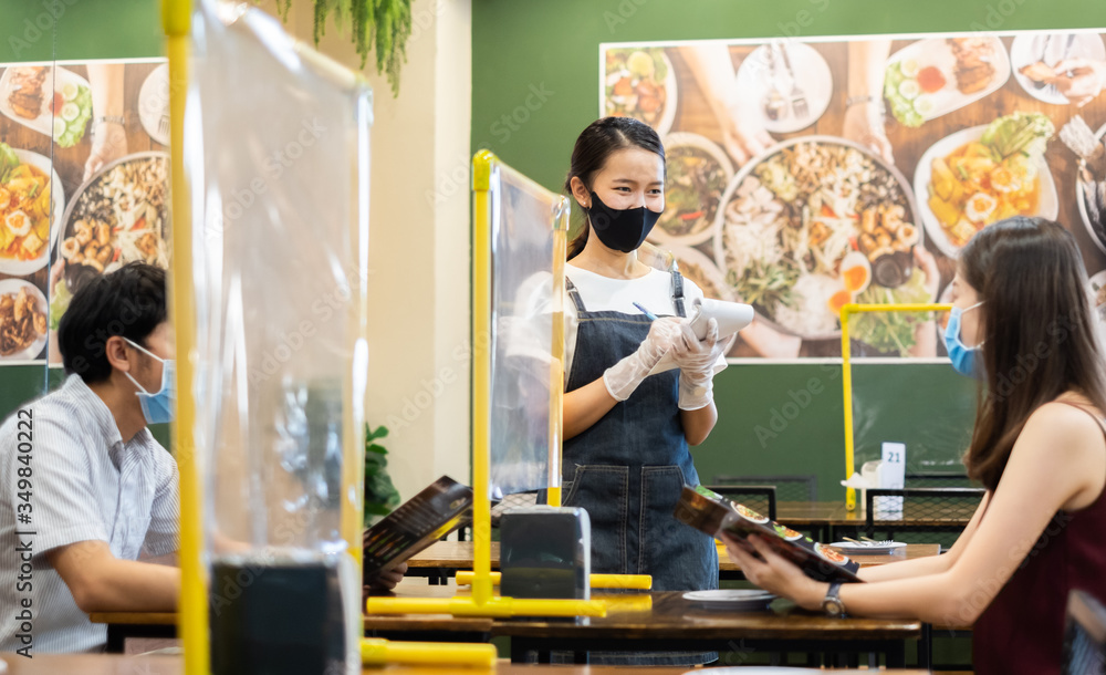 Asian staff restaurant waitress wear protective face mask working in ...