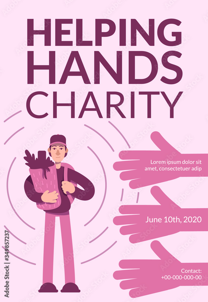 Helping hands charity poster flat vector template. Volunteering ...