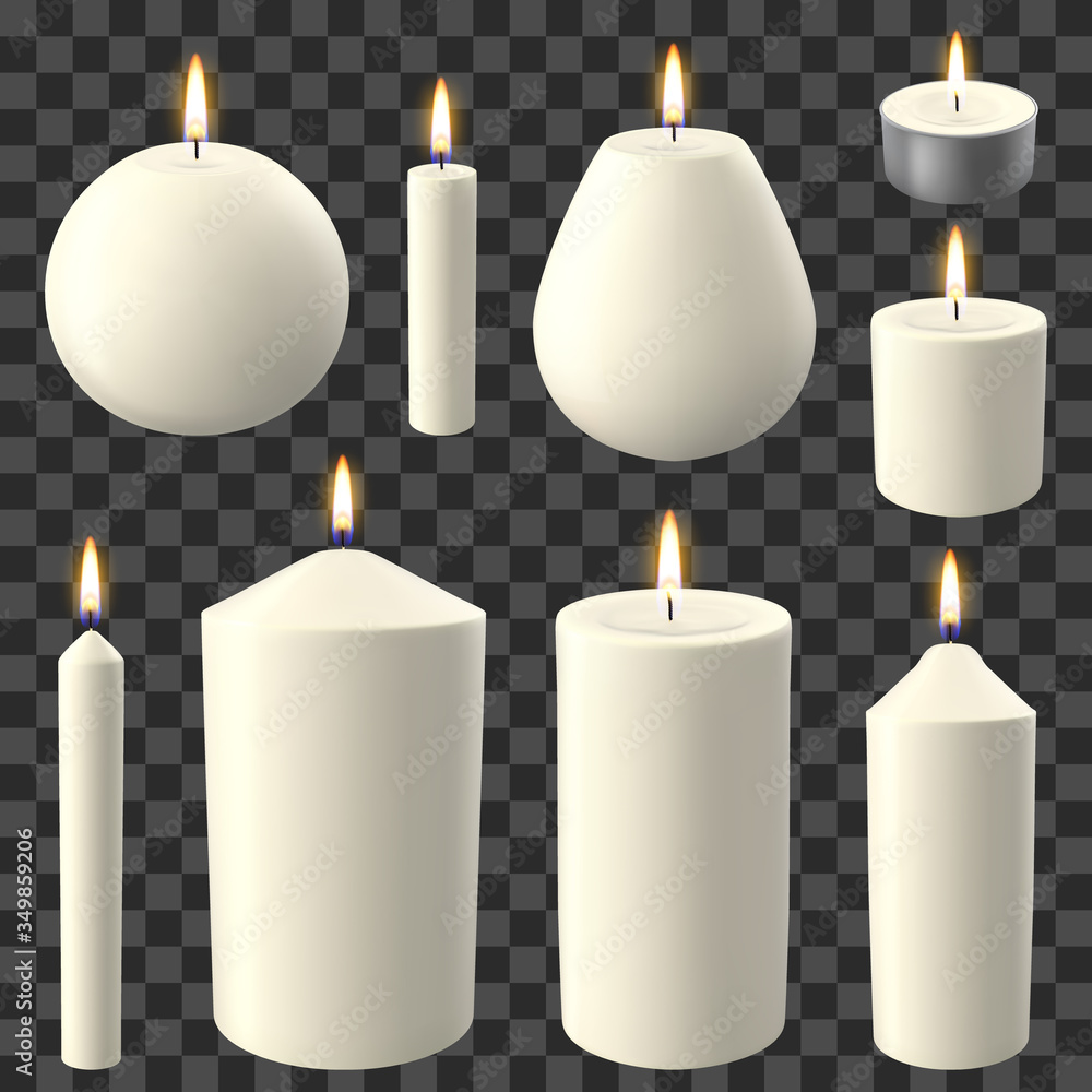 Realistic candles. Holidays candlelight, romantic and cozy flaming wax ...