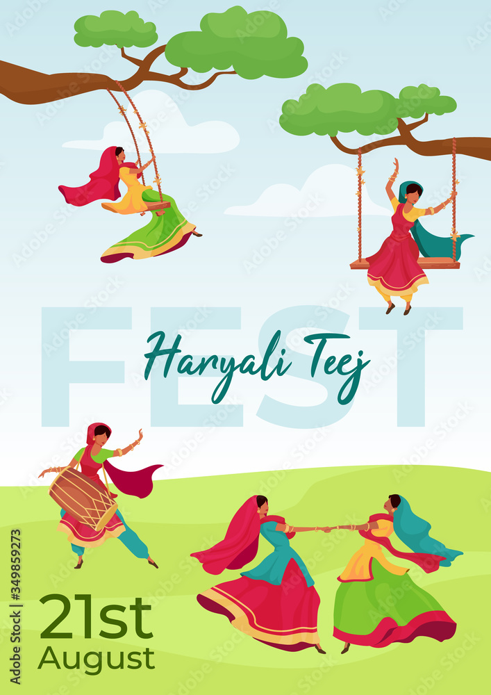 Haryali Teej fest poster flat vector template. Indian woman in saree on ...