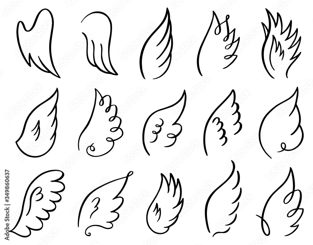 Hand drawn wings. Doodle sketch angel flight feather, angels or birds ...