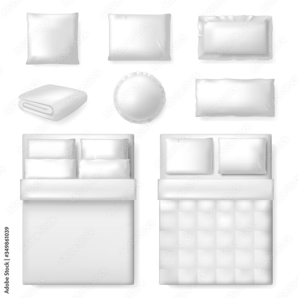 Realistic bedding template. White blank bed, blanket and pillows ...