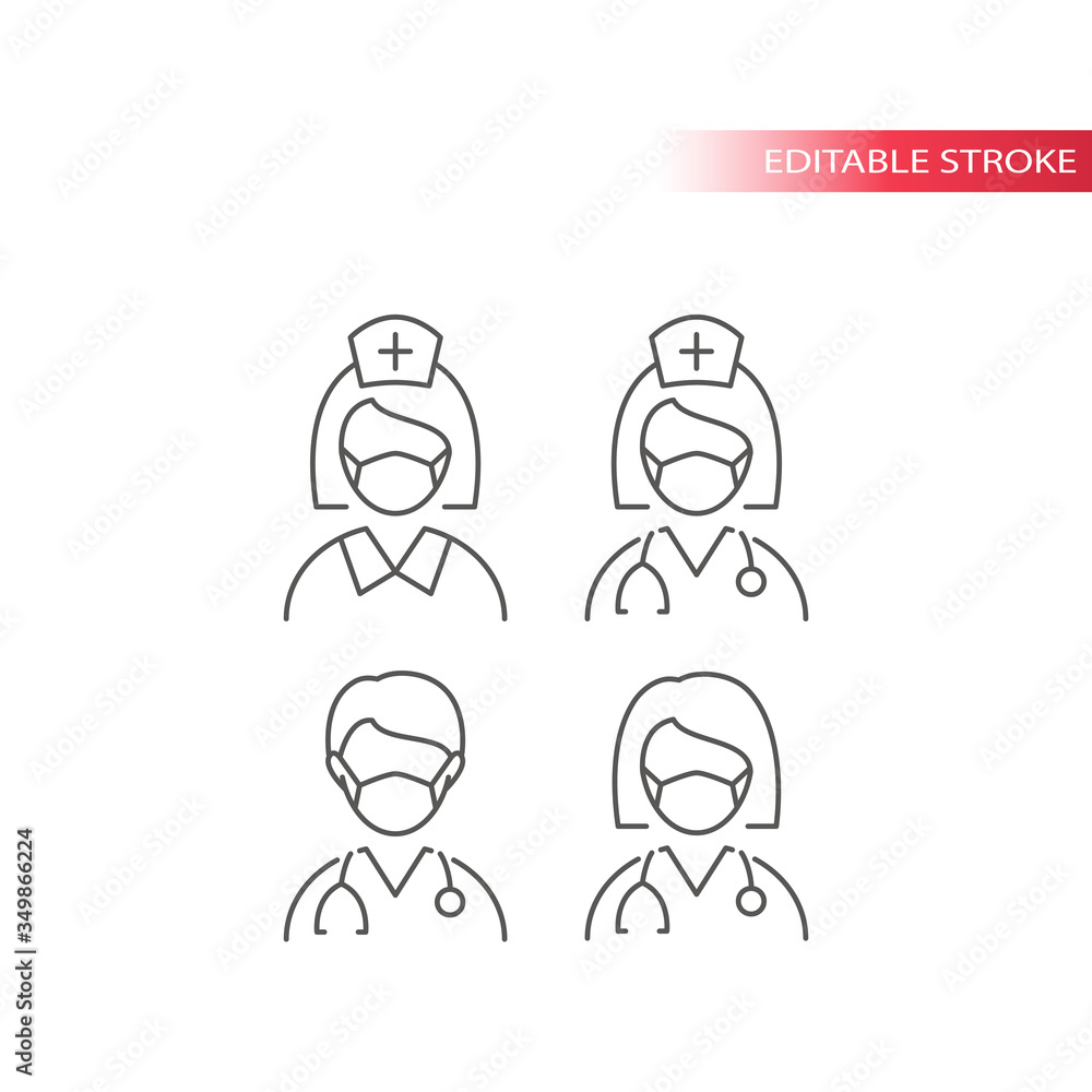 Medical doctor and nurse, male and female profile avatar icon set. Thin ...